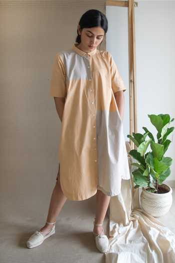 Buy Multi Color Cotton Plain Collared Neck Block Shirt Dress For Women ...