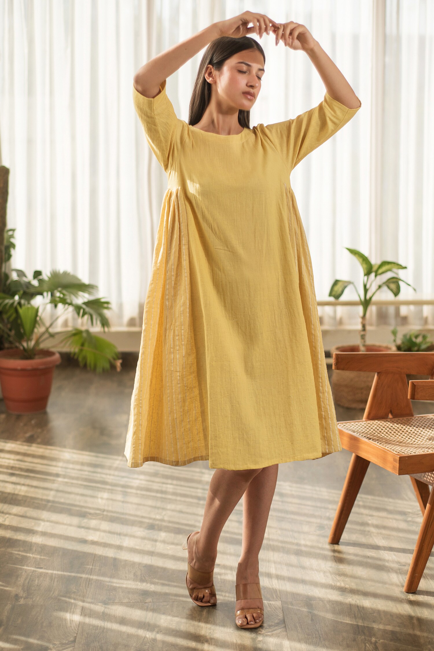 Buy Yellow Cotton Placement Stripe Round Neck Side Gathered Dress For ...