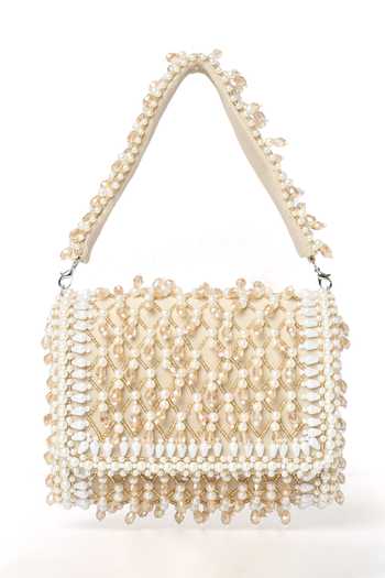 Buy Beige Pearls Embellished Flap Bag With Handle by House of Webhin ...