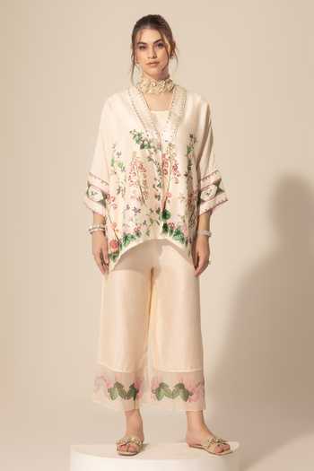 Buy Ivory Dupion Silk Printed Botanical Kaftan Pattern Short And Pant ...