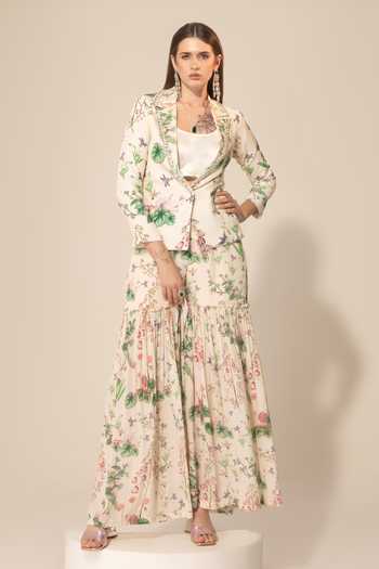 Buy Ivory Crepe Printed Botanical Lapel Pattern Blazer And Sharara Set ...