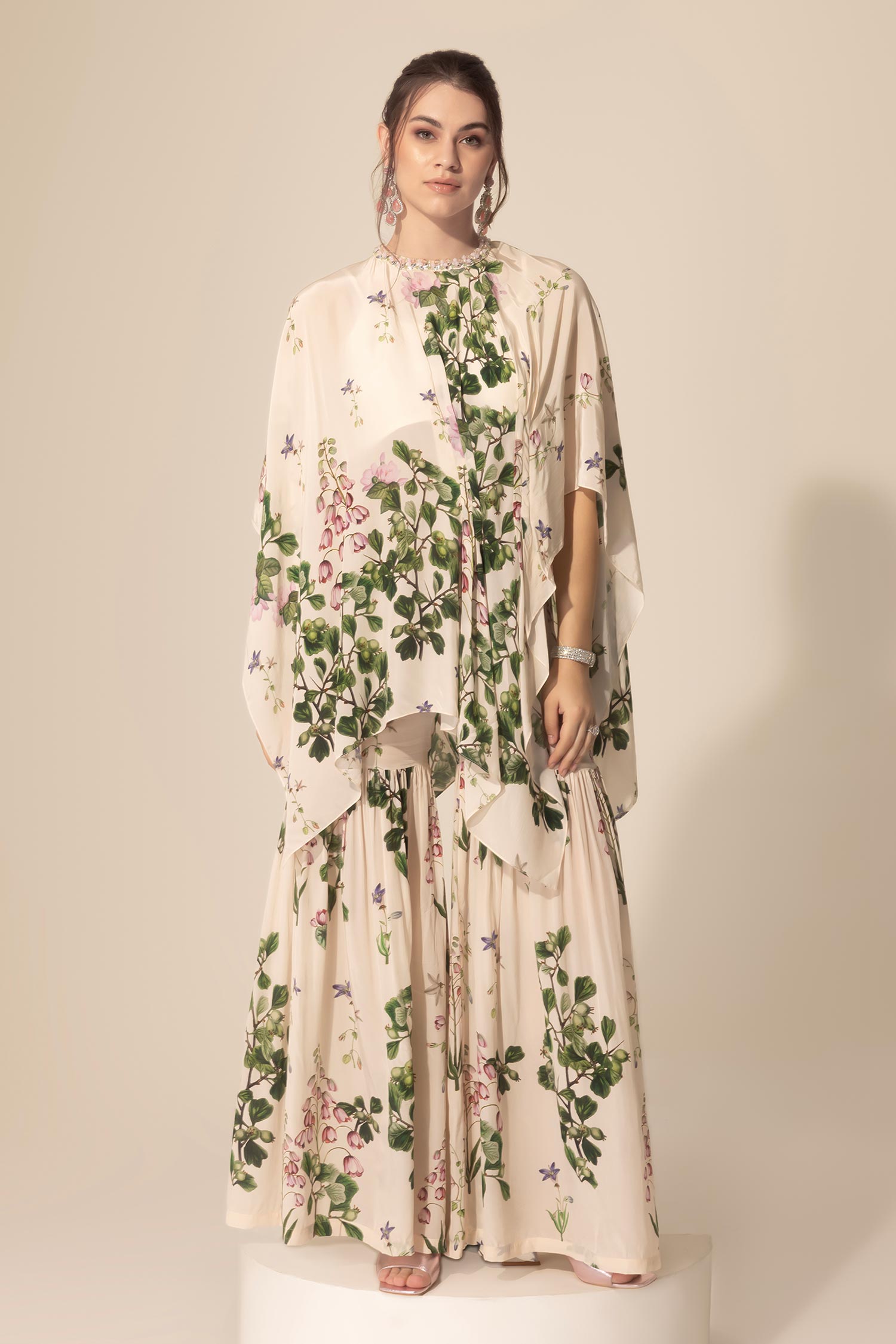 Buy Ivory Crepe Printed Botanical Round Cape And Sharara Set For Women ...