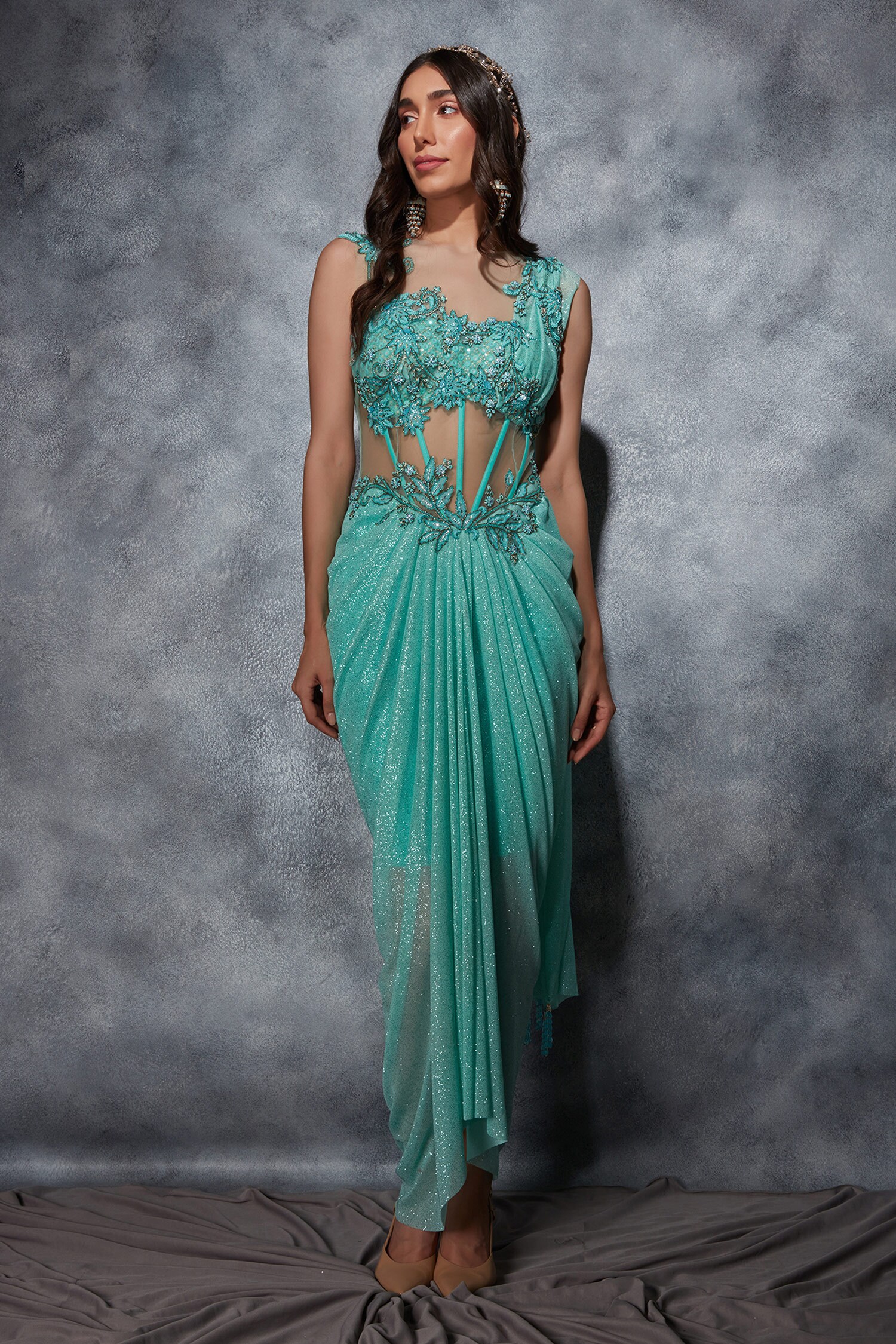 Buy Green Glitter Jersey Embellished Thread Draped Corset Saree Gown ...