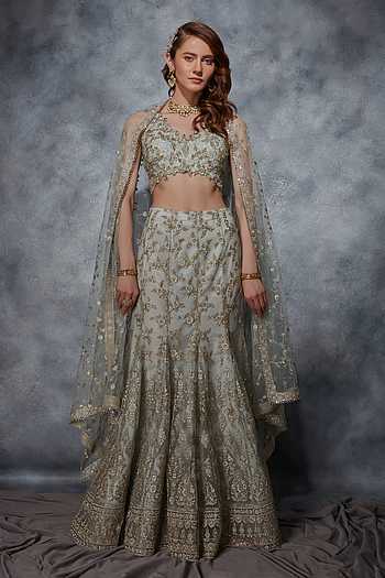 Buy Green Tulle Embroidered Zari V Neck Mermaid Cut Lehenga Set For ...