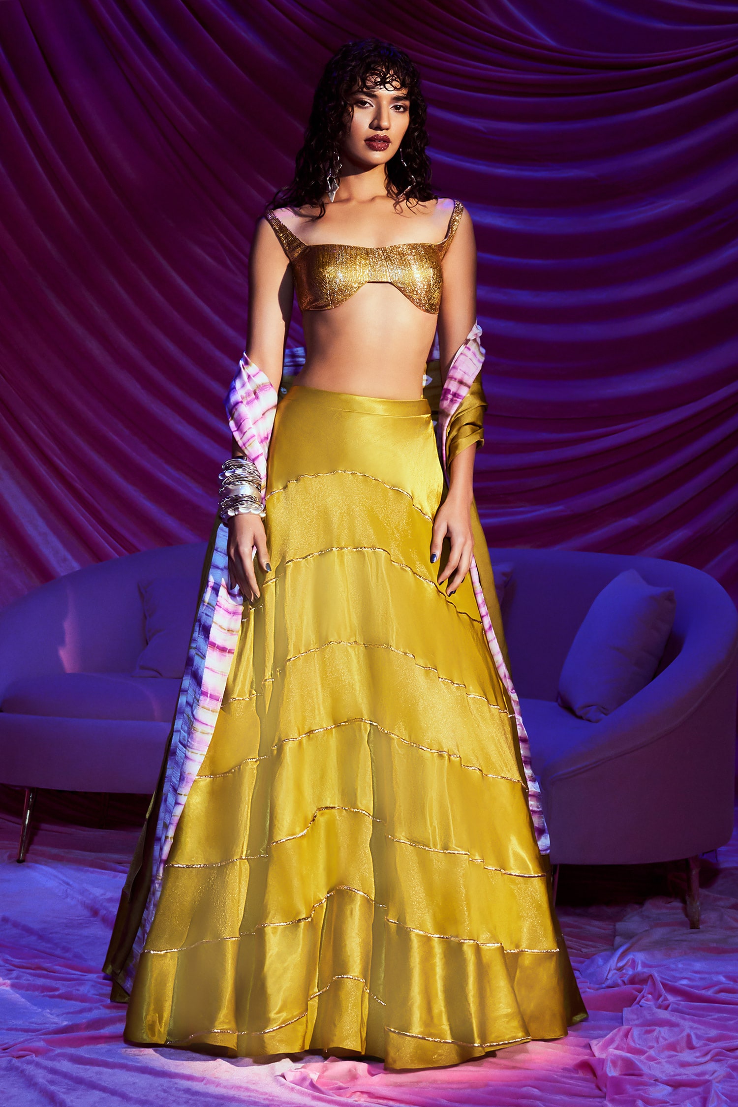 Buy Yellow Tissue Hand Embroidered Badla Skirt Set With Shibori Dupatta