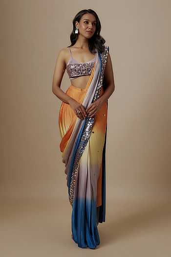 Buy Multi Color Gajji Hand Sunset Ombre Pre-draped Saree With Blouse ...