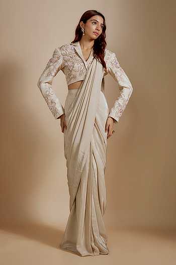 Buy Beige Tissue Hand Embroidered Badla Pre-draped Saree With Leaf ...