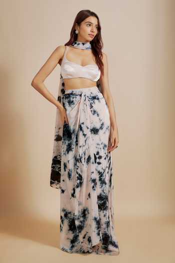 Buy Pink Natural Crepe Tie Dye Shibori Pattern Draped Skirt Blouse Set ...
