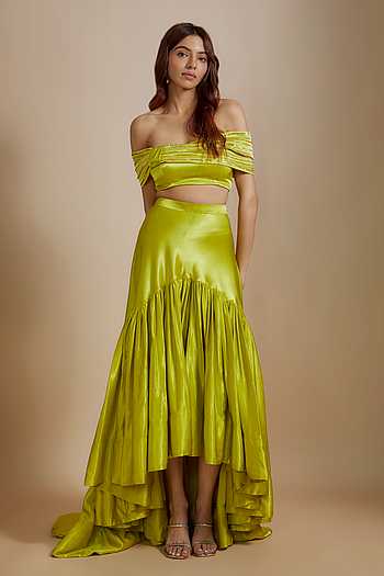 Buy Green Mashroo Hand Embroidered Off Neon Frill Skirt And Top Set For ...