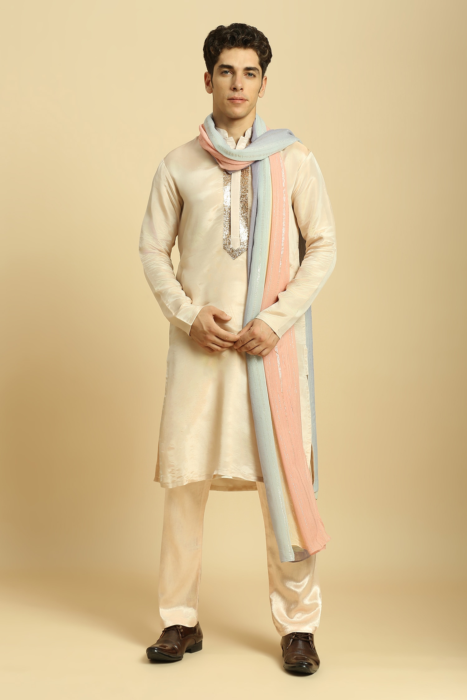 Buy Peach Tissue Embroidered Badla Straight Kurta Set With Ombre ...