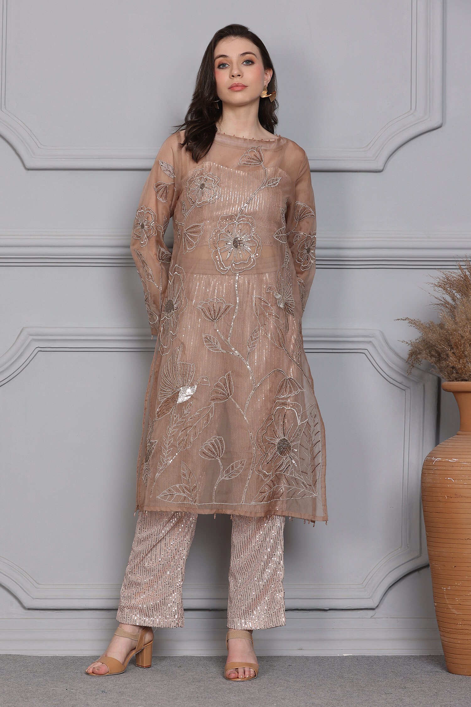 Buy Beige Cape Organza Embellished Sheer Lotus Embroidered Pant Set For ...