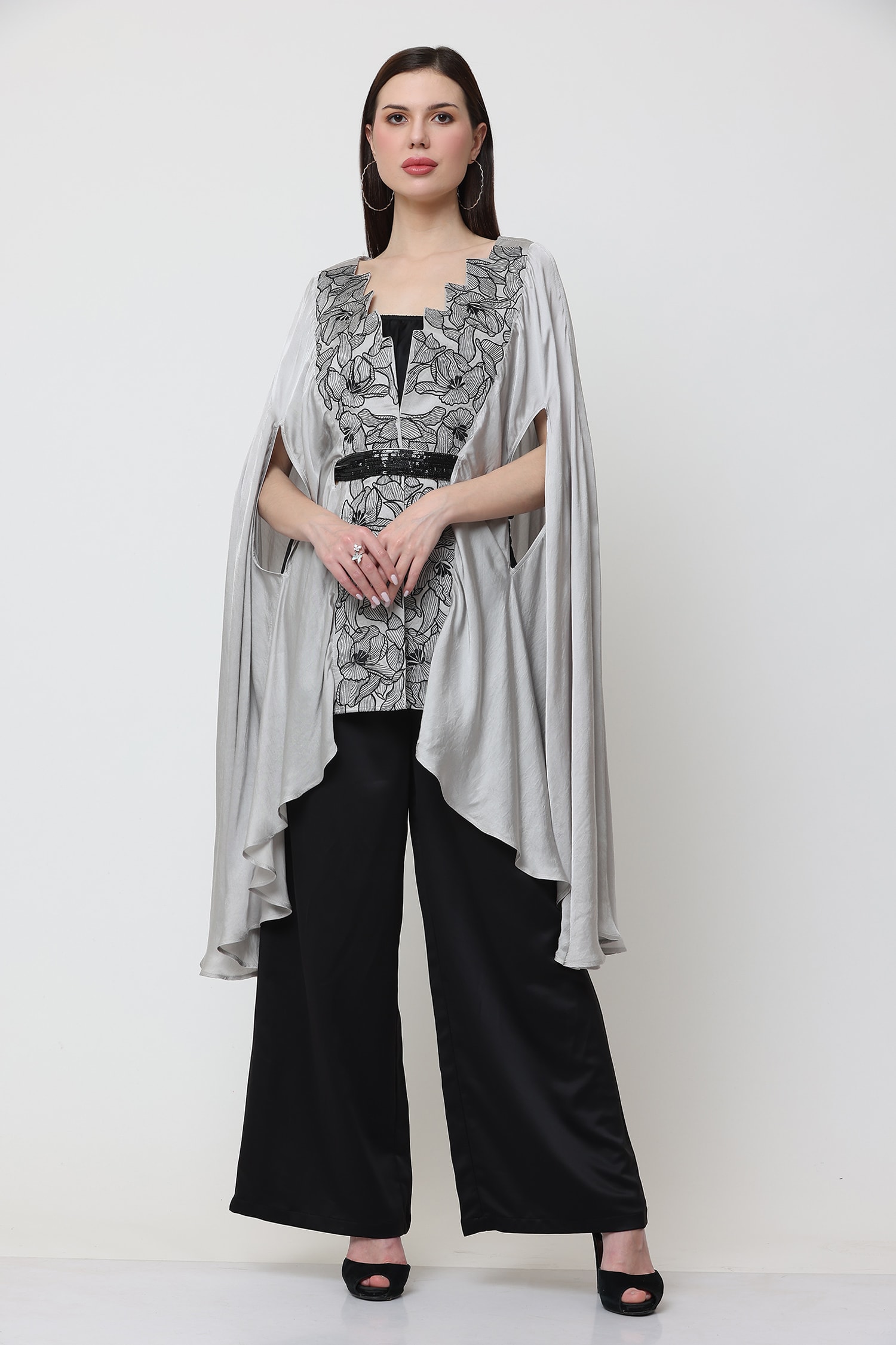 Buy Grey Bamber Satin Embellished Thread Arya Floral Embroidered Pant ...