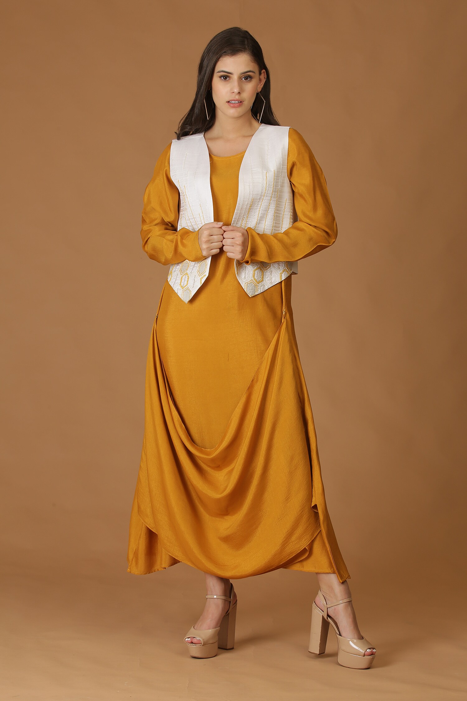 Buy Yellow Silk Slub Embroidered Cowl Maxi Dress With Embellished ...