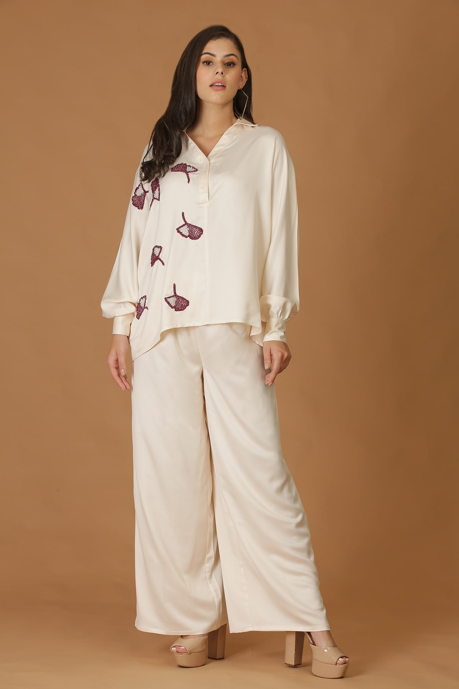 Buy Beige Satin Crepe Embroidered Bead Cutdana And Shirt & Pant Set For ...