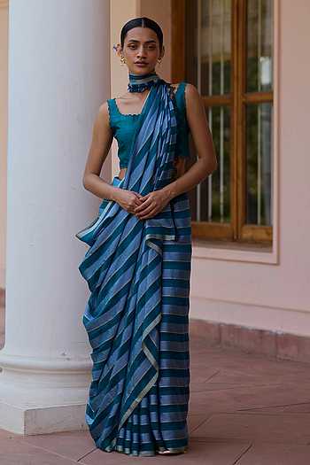 Buy Blue Handwoven Mulberry Silk Modal Solo Symphony Stripe Pattern ...
