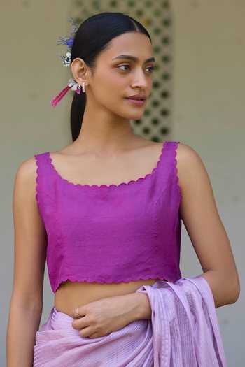 Buy Magenta Handwoven Mulberry Silk Solid Horizon Scallop Edge Blouse ...