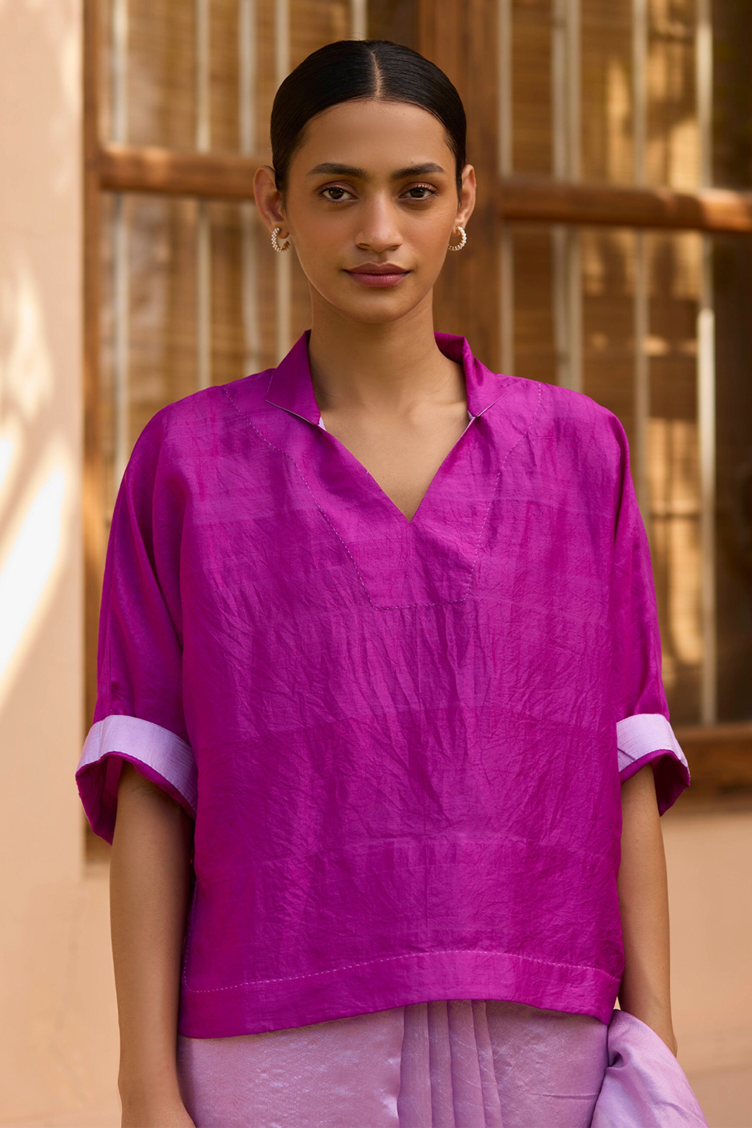 Buy Magenta Handwoven Mulberry Silk Solid Rustling Whispers Blouse For Women by Surmaye Online ...