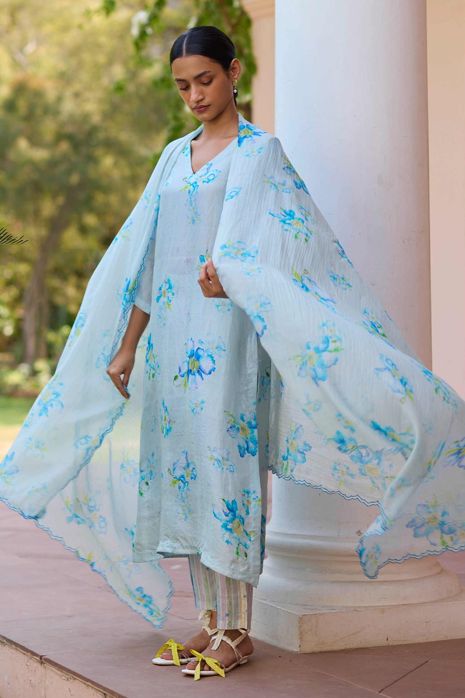 Buy Blue Handwoven Sooti Chanderi Print Magnolia Sunkissed Dupatta For ...