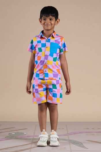 Buy Multi Color 100% Cotton Printed Checkered Shirt And Shorts Set For ...