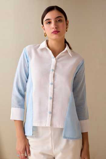 Buy Blue Linen Blend Colourblock Shirt Collar Panel For Women by ...