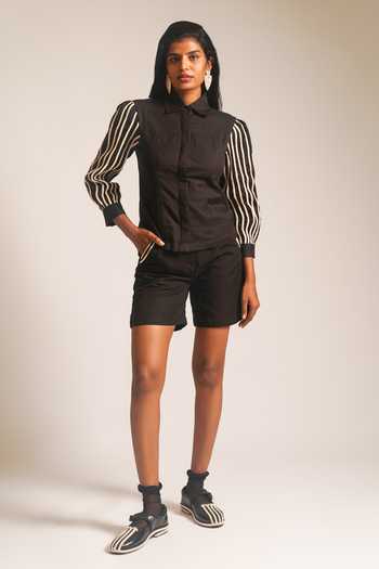 Buy Black Cotton Stripe Collared Contrast Dori Work Shirt For Women by ...