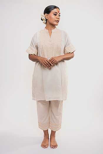 Buy Cream Pure Mul Embroidery Denim Applique Notched Tunic And Pant Set ...