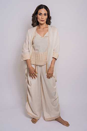 Buy Cream Pure Mul Embroidery Denim Applique Open Sleeve Cape Pant Set ...