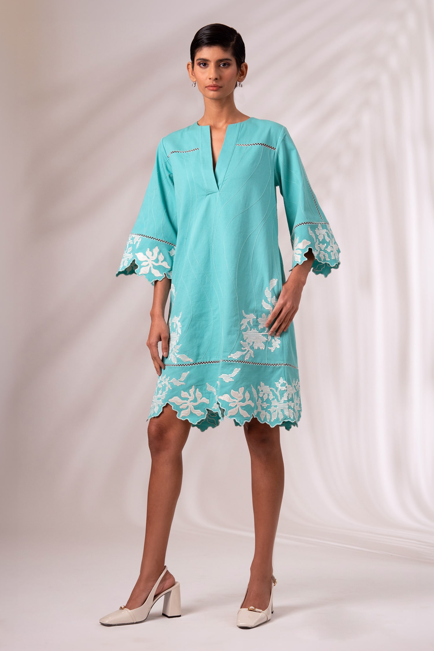 Buy Green 100% Cotton Twill Embroidery Gardenia Mason Cut Work Dress ...