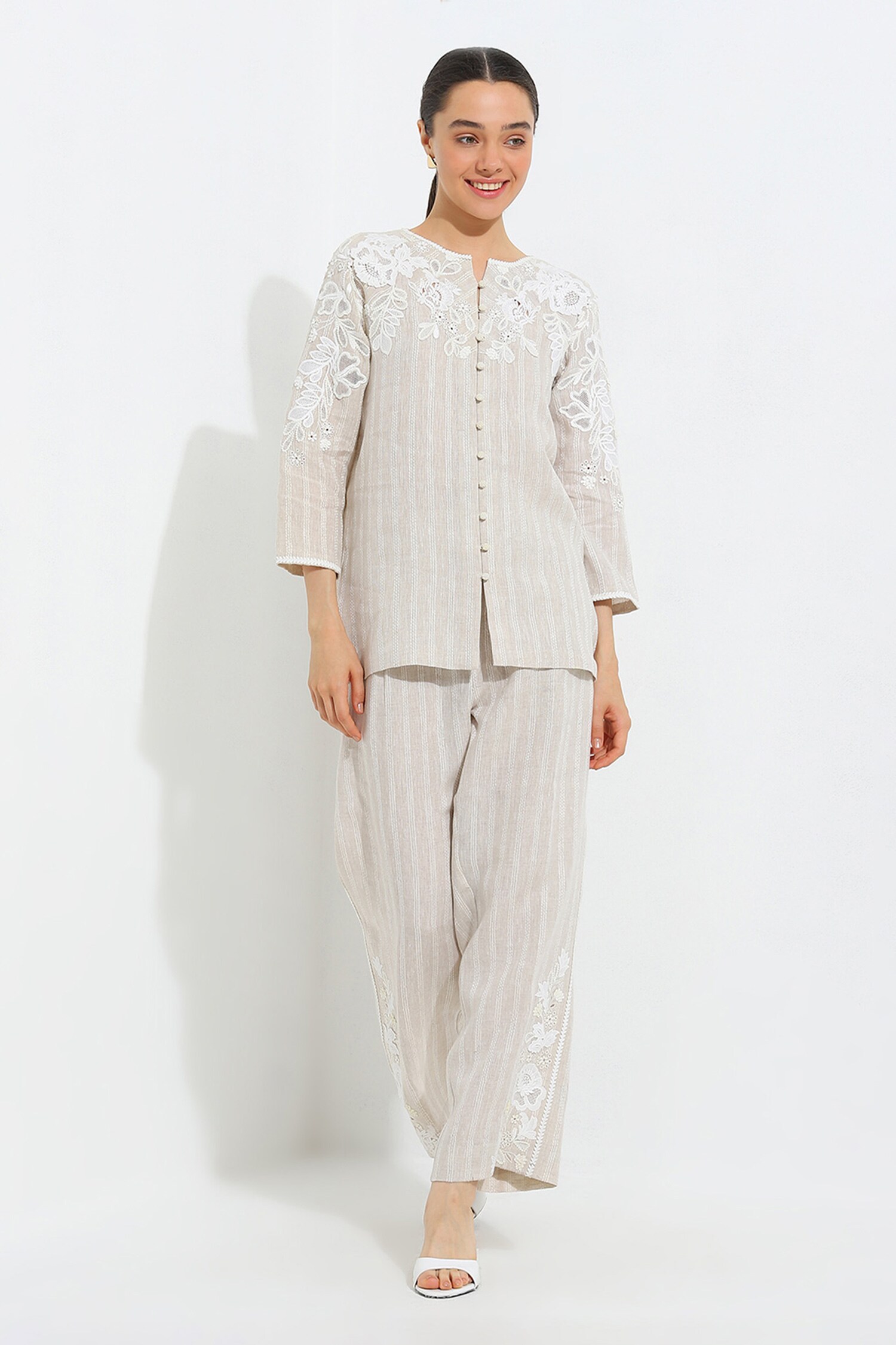 Buy Beige Linen Blend Embroidered Linda Cutwork Pattern Top With Pant ...