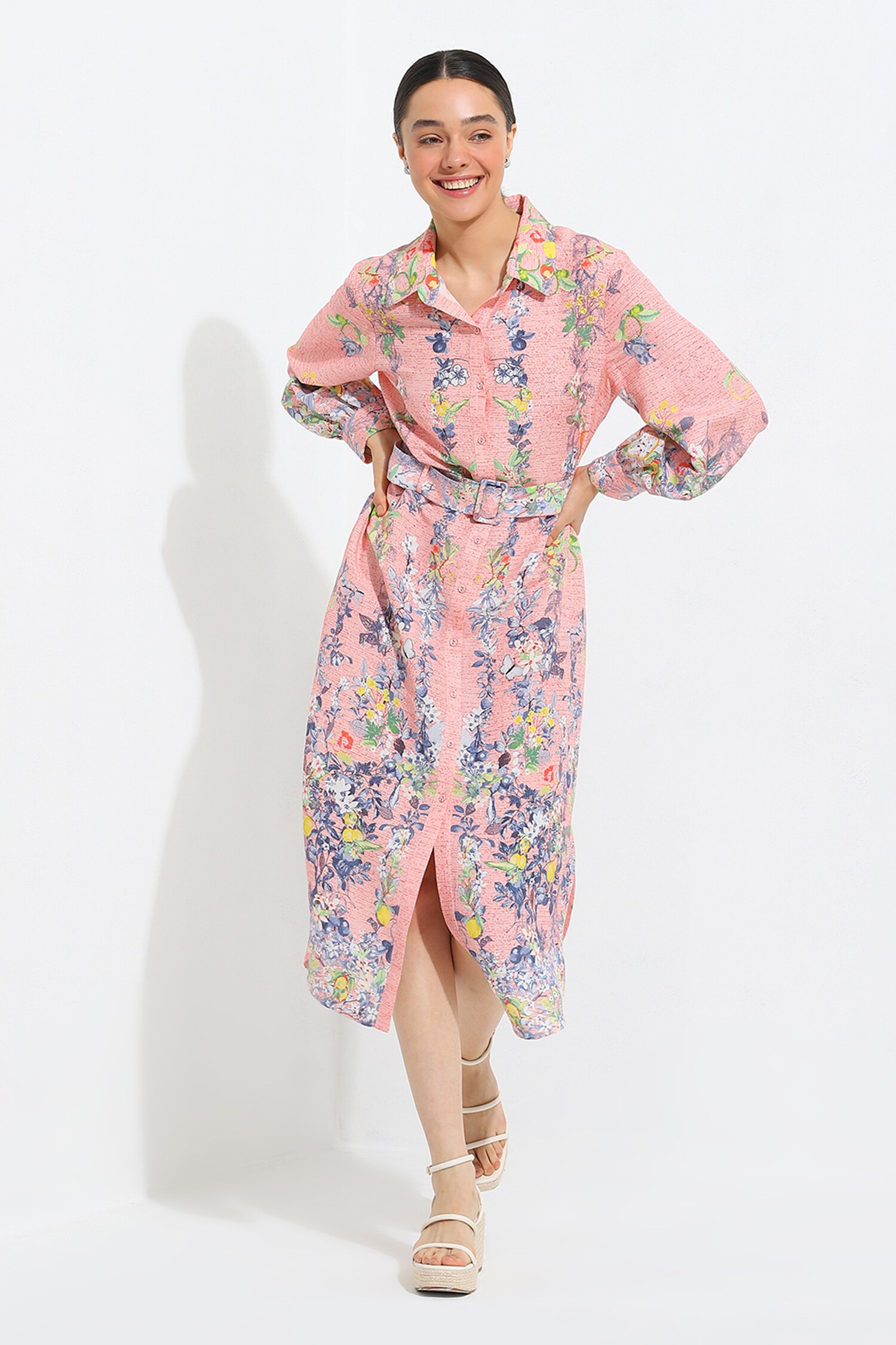 Buy Multi Color Linen Blend Printed Lime Collared Simi Shirt Dress For ...