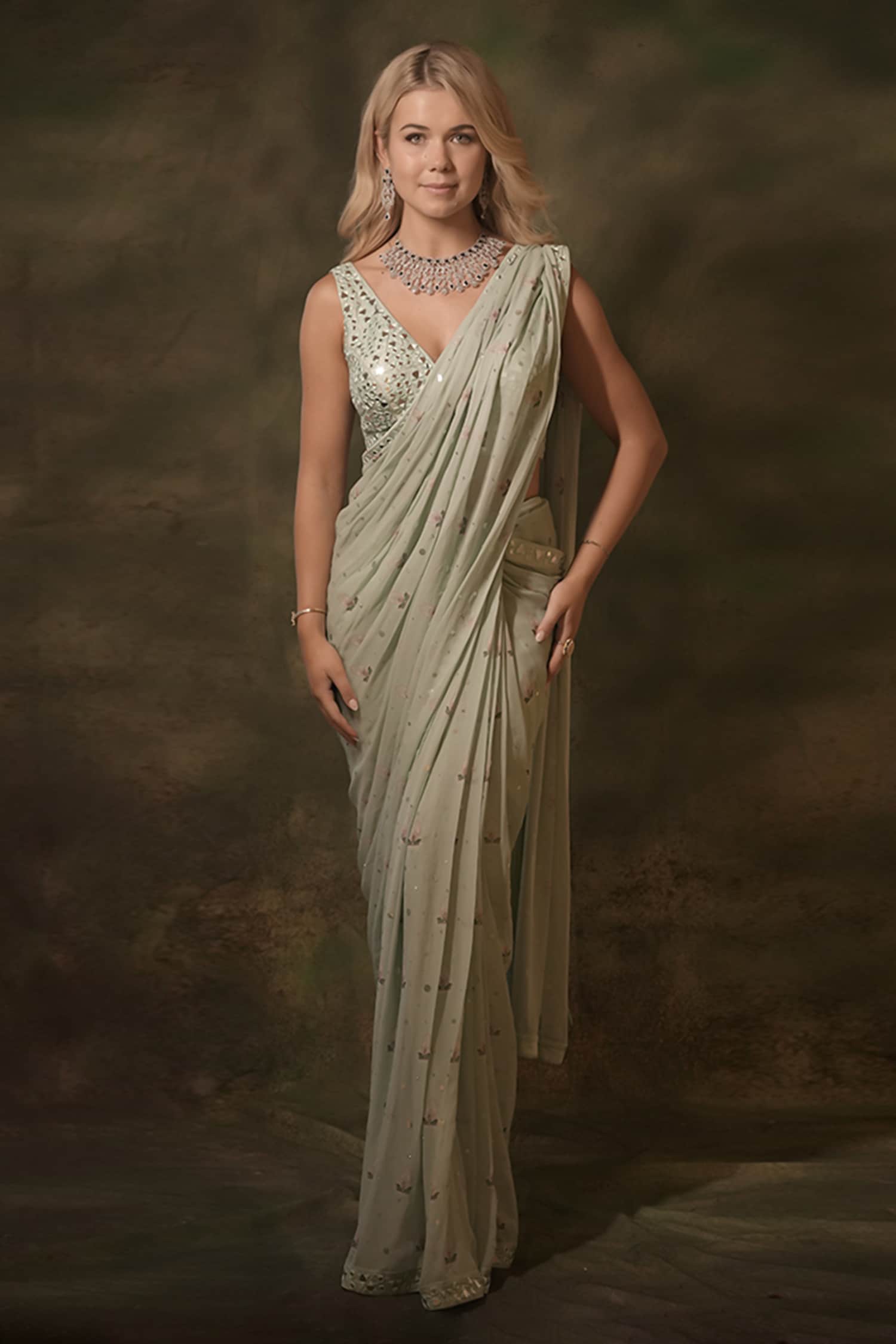 Buy Green Sequin Scatter Embellished Pre-draped Saree With Blouse For ...