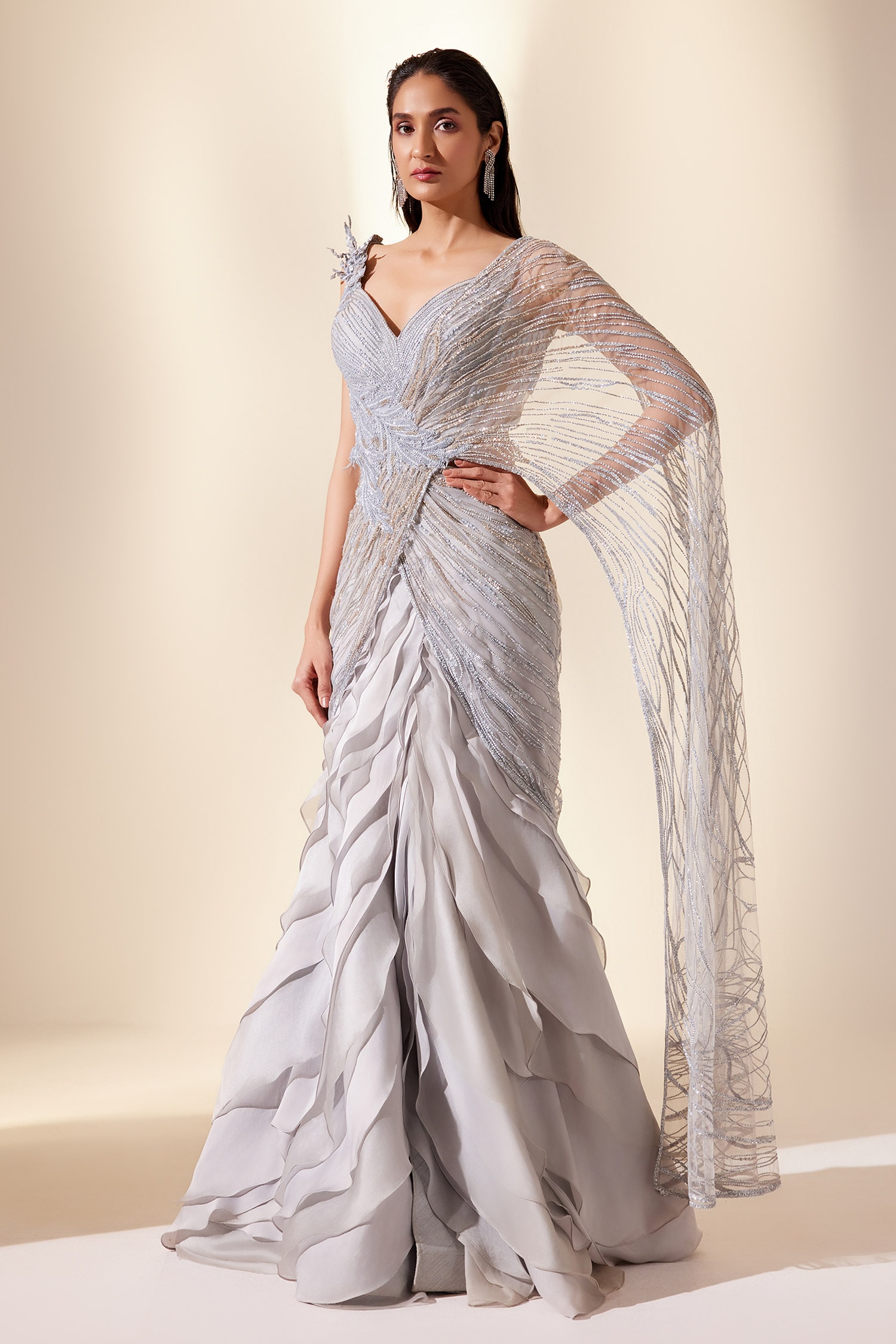 Buy Blue Dupion Silk Embroidery Leaf Sweetheart Layered Draped Saree Gown For Women by Adaara ...