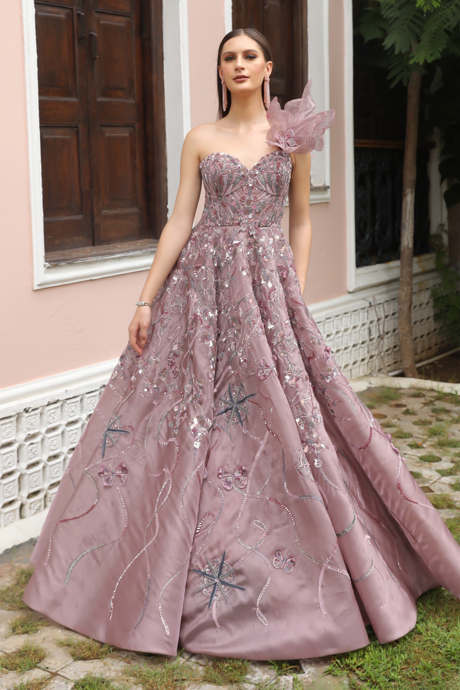 Buy Pink Tissue Organza Embroidery Bead 3d Butterfly Applique Gown For ...
