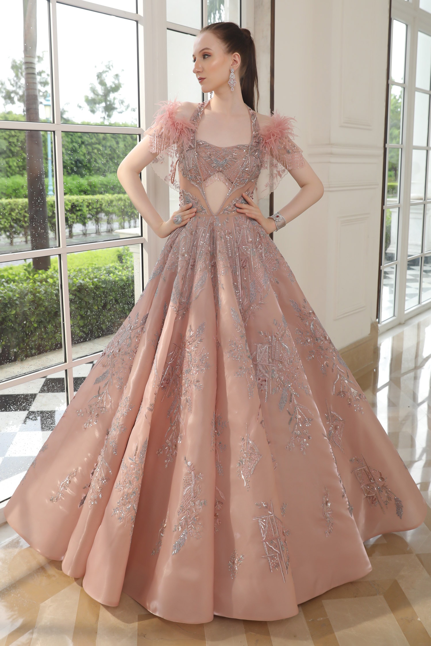 Buy Pink Tissue Organza Embroidery Bead Botanical Gown With Cape For ...