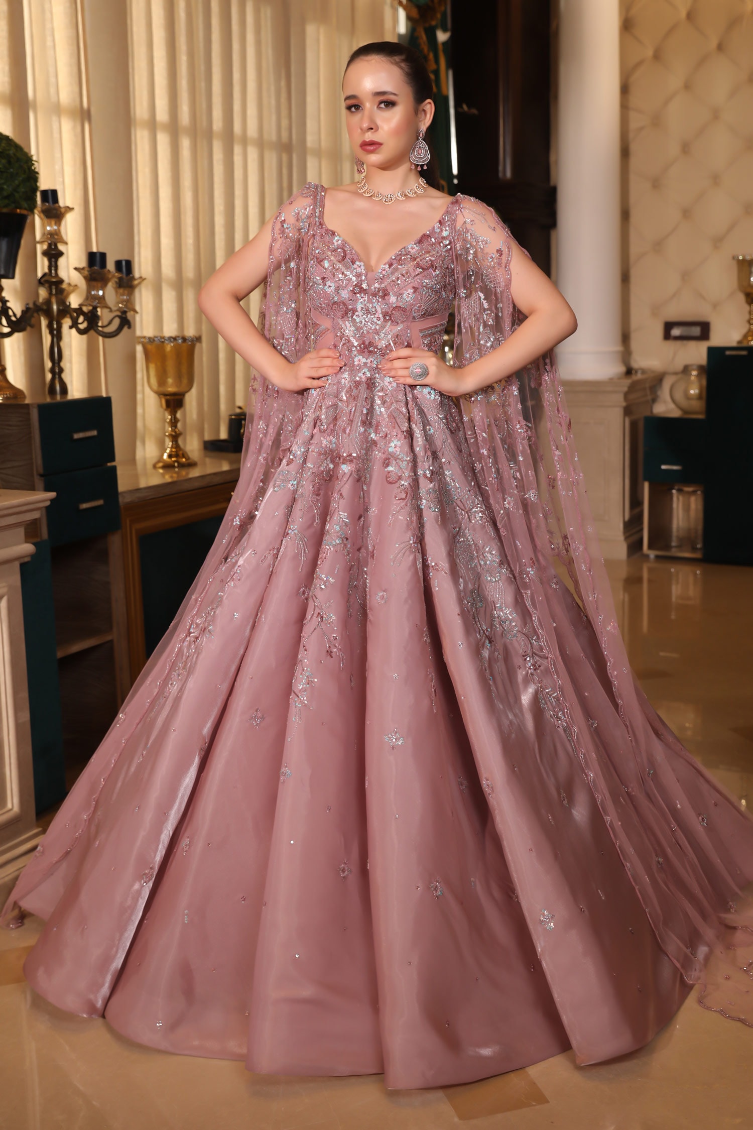 Buy Pink Tissue Organza Embroidery Bead Sweetheart Neck Blooms Gown For ...