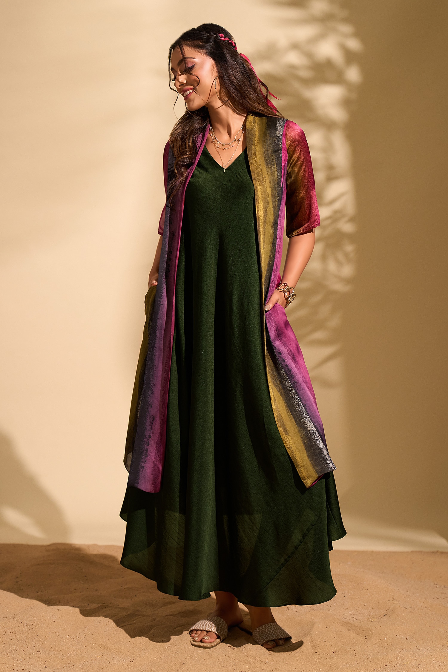 Buy Multi Color Organza Satin Printed Stroke V Jacket Dress For Women ...