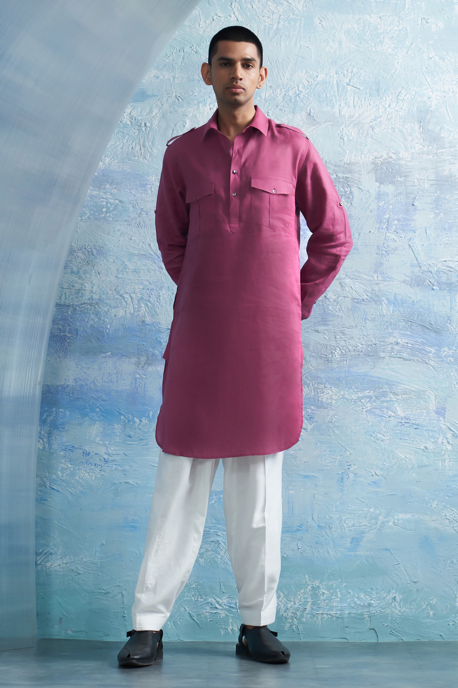 Buy Pink Kurta Linen Solid Pathani With Salwar For Men by Charkhee ...