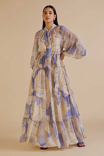 Buy Yellow Chiffon Printed Floral Collar Dome Tiered Dress For Women by ...
