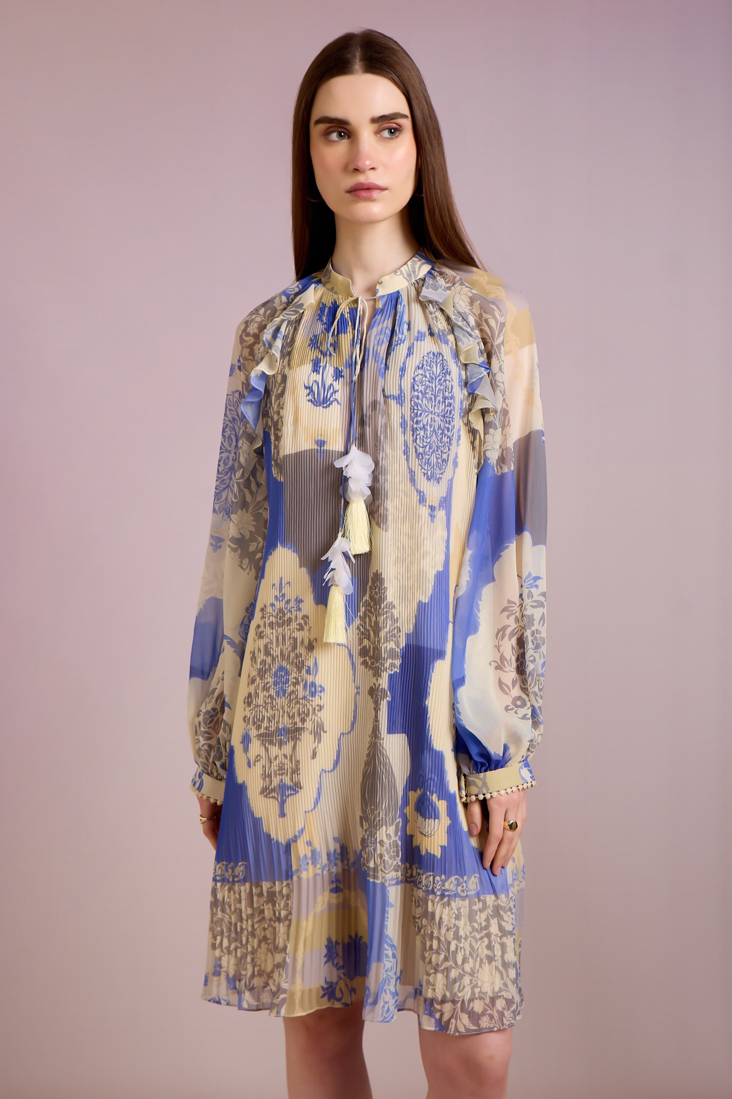 Buy Yellow Chiffon Printed Mughal Floral Keyhole Dress For Women by ...