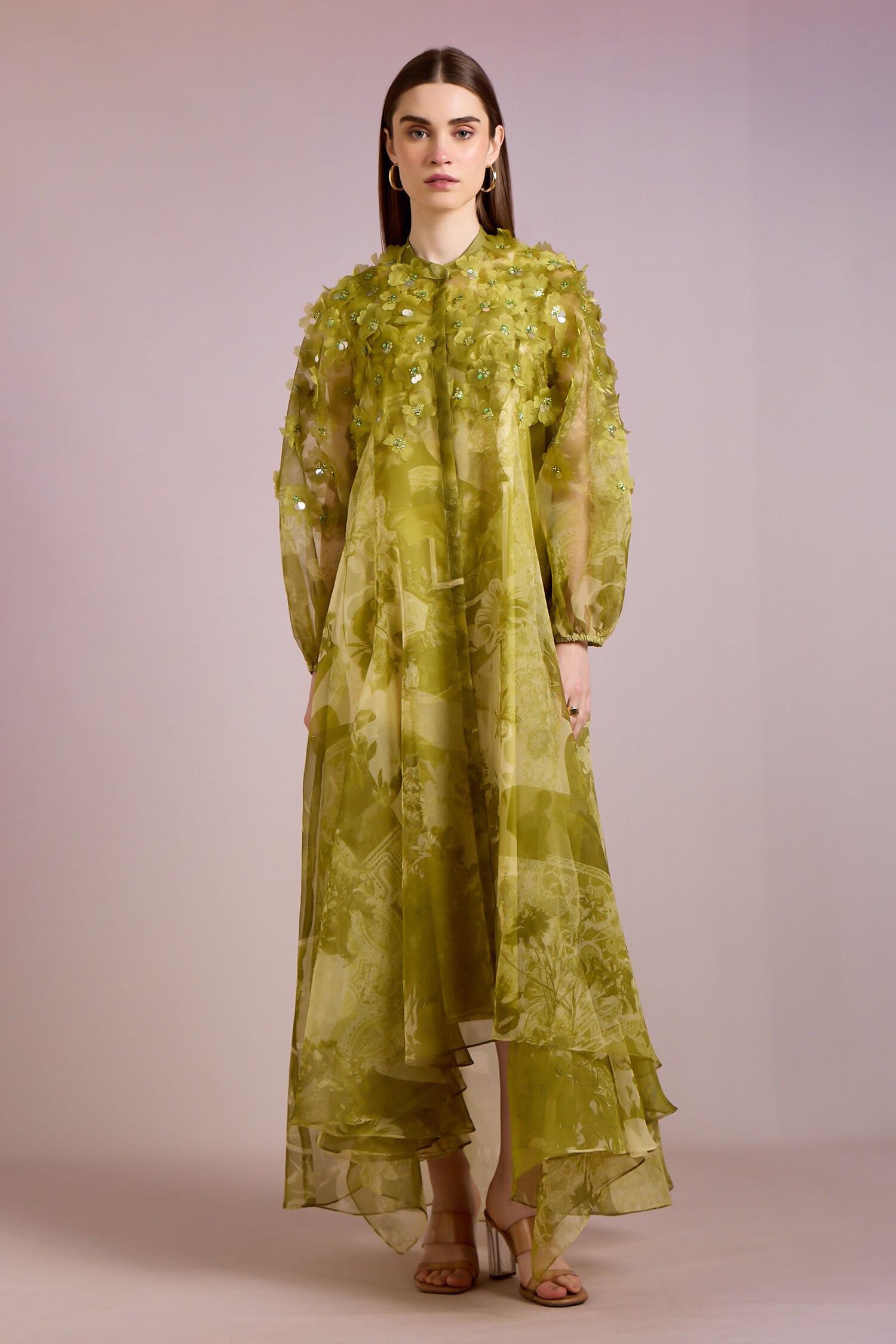 Buy Green Silk Organza Alba And Embellished High Low Dress With Inner