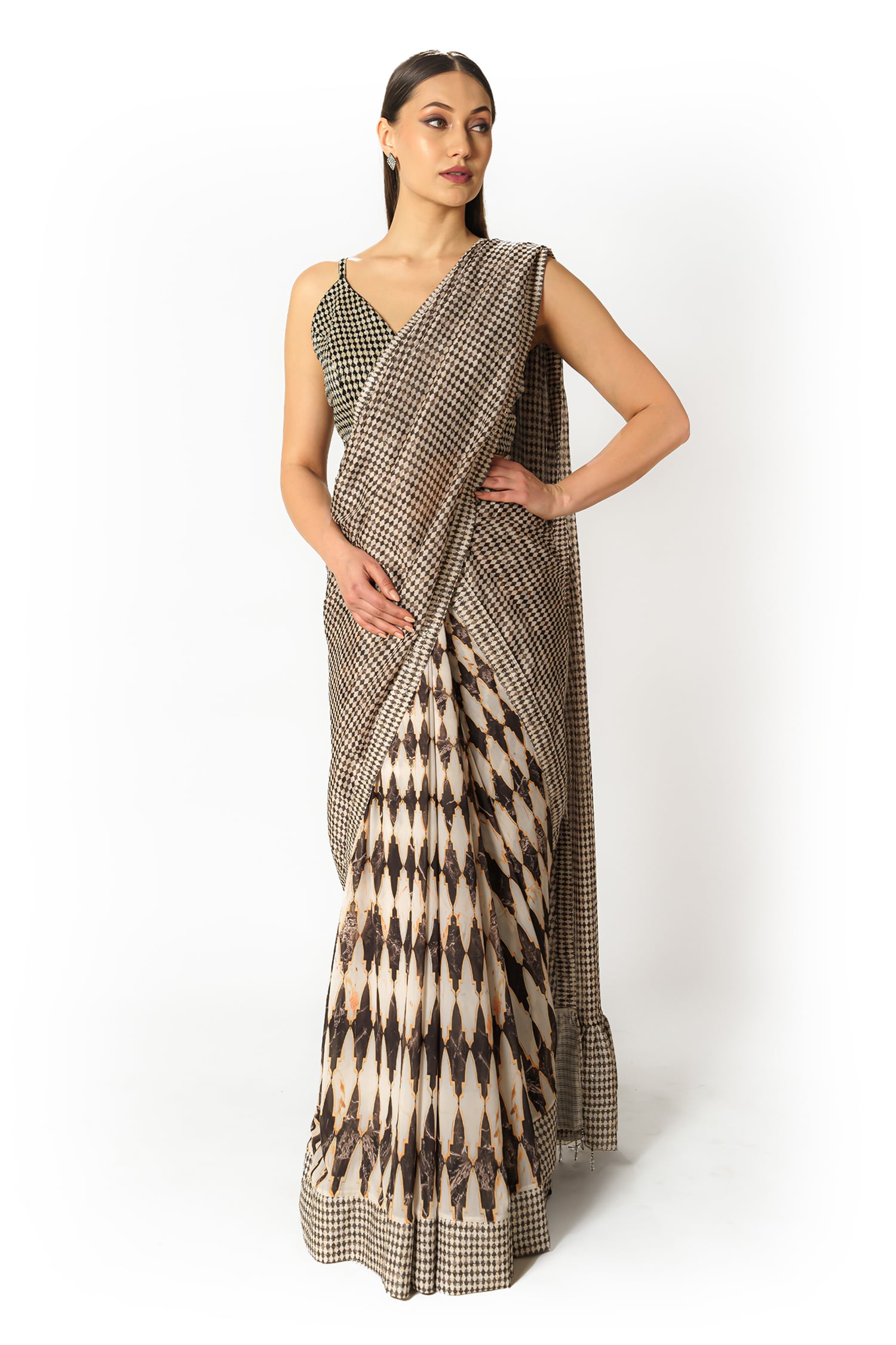 Buy Black Tabby Silk Hand Embroidered Geometric Pattern Lehenga Saree ...