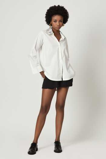 Buy White Poplin Embroidered Thread Shirt Collar With Shorts For Women ...