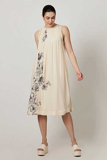 Buy Ivory Viscose Crepe Print Floral Round Neck Flower A-line Dress For ...