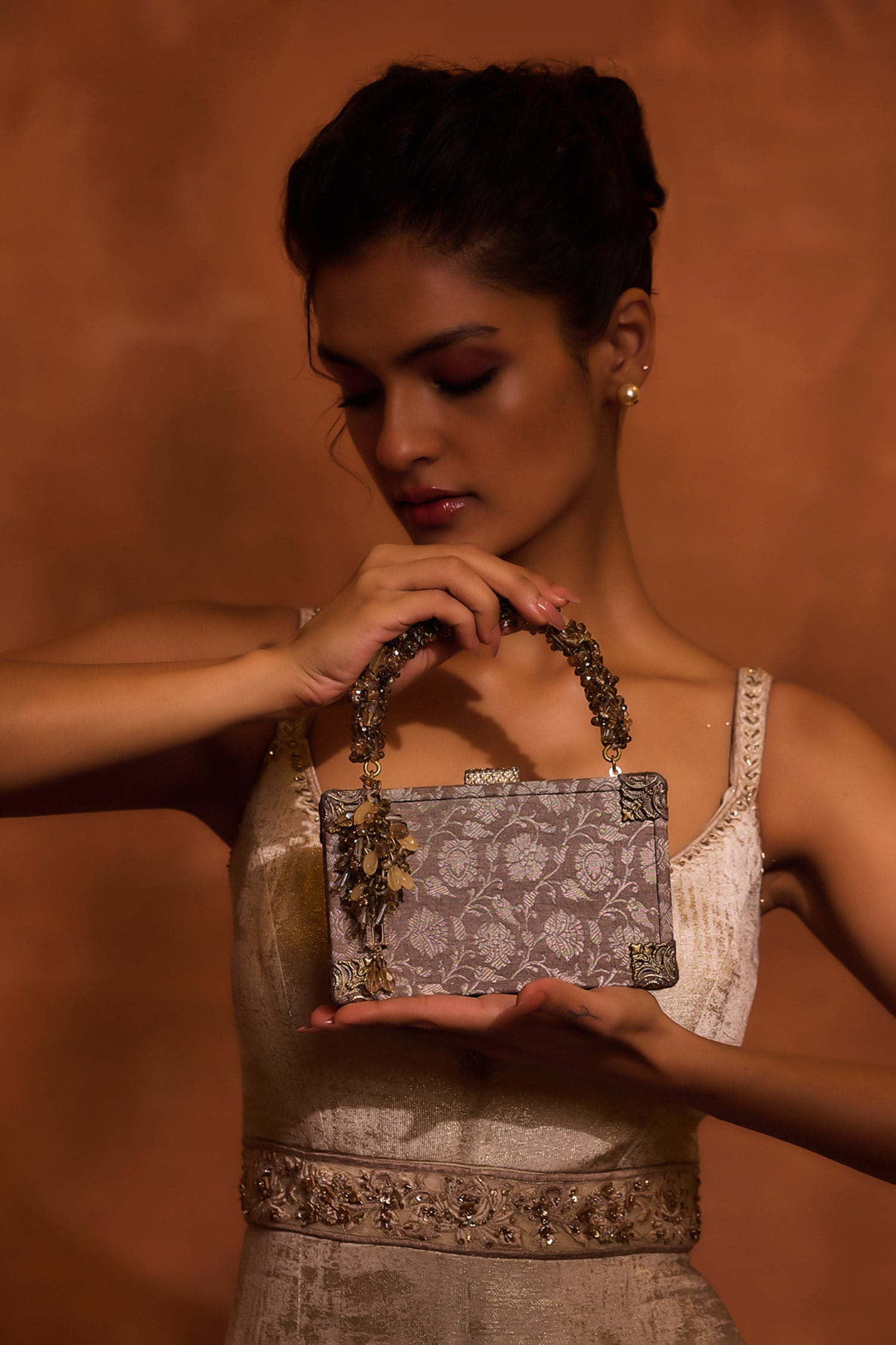 Buy Grey Golden Poth Floral Woven Brocade Matchbox Clutch by Tarun ...