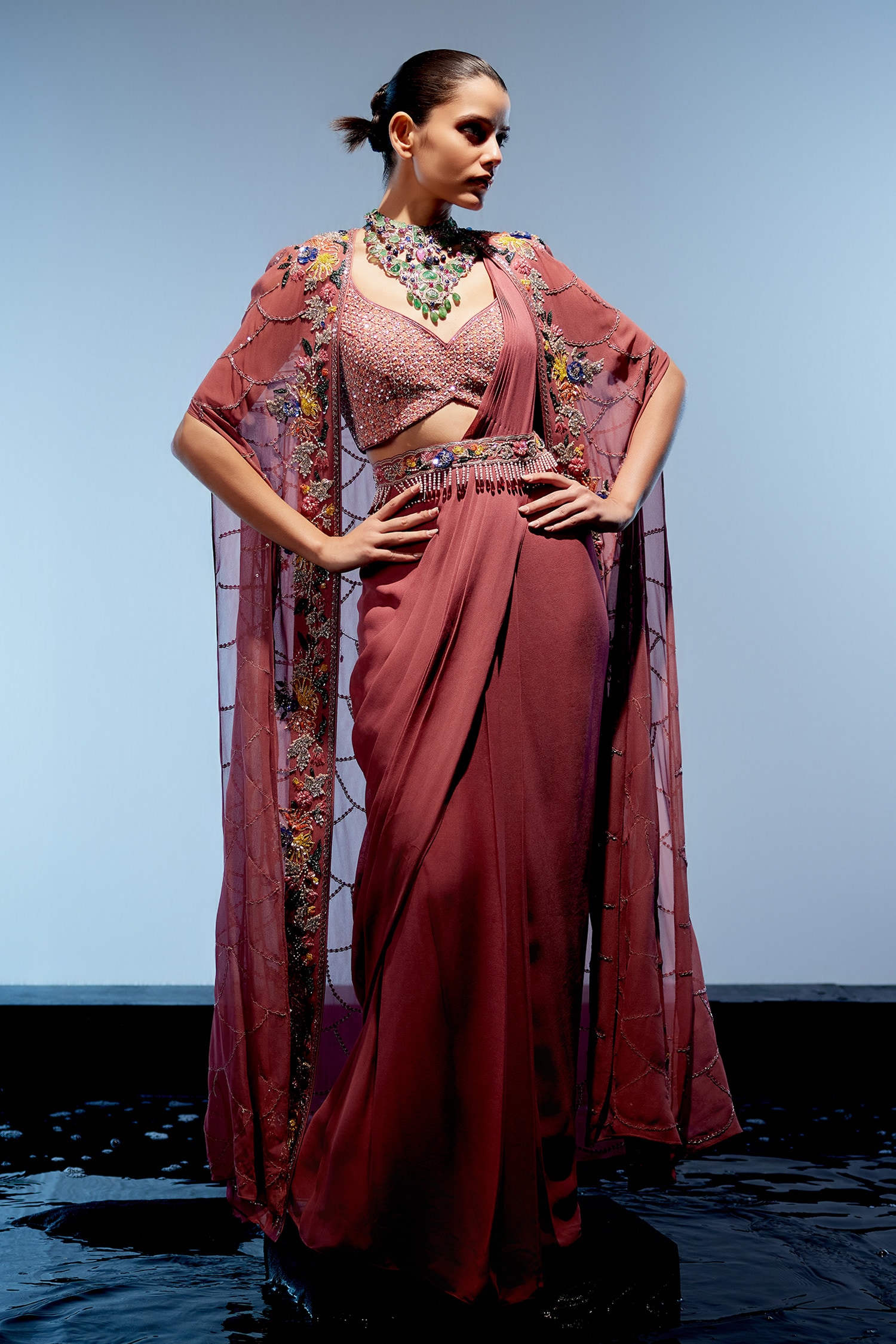 Buy Red Satin Organza Embroidered Sienna Cape Pre-draped Saree Set For ...