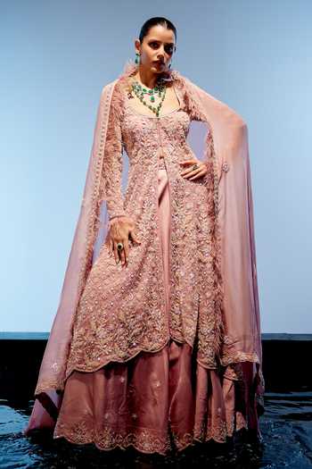 Buy Peach Satin Organza Embroidered Pearl Rosemarie Motif Lehenga Set ...