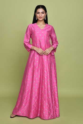 Buy Pink Mulberry Silk Woven Floret V Neck Angarkha For Women by Pinki ...