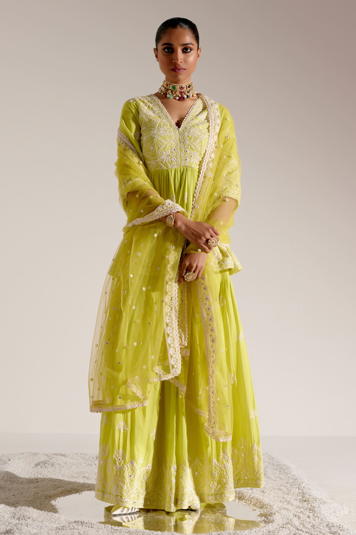 Buy Green Kurta And Sharara Cotton Mulmul Embroidery Ambi V Peplum Set ...