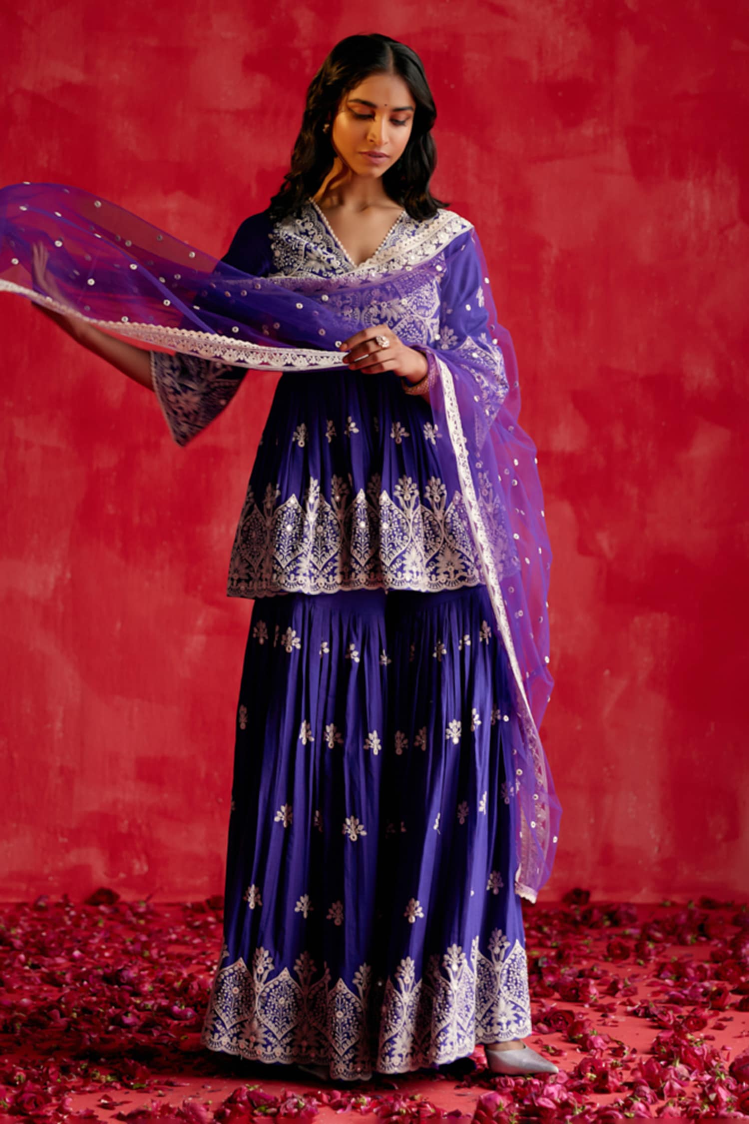Buy Purple Kurta And Sharara Cotton Mulmul Embroidery Ambi Peplum Set ...