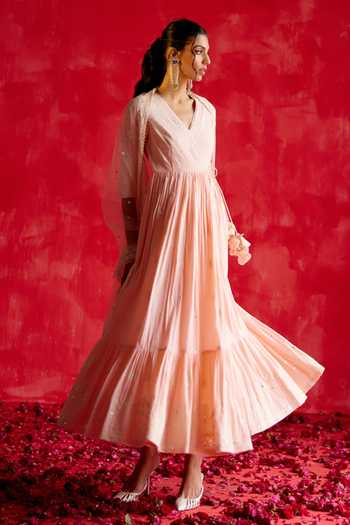 Buy Pink Angarkha Cotton Mulmul Embellished Mirror Tiered With Dupatta ...